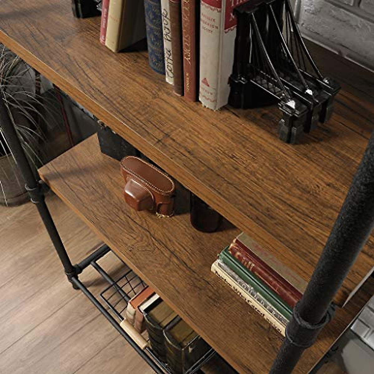 Sauder Iron City Tall Bookcase/Book Shelf, Checked Oak Finish