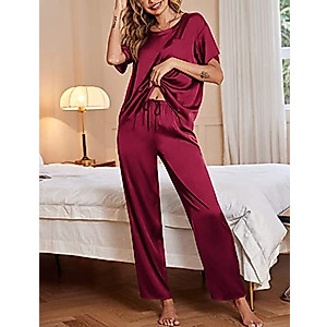 Inadays Womens Silk Pajamas Set Satin Silky Lounge Set Short Sleeve Shirt with Long Pajama Pant Pajamas For Women Set Red Wine