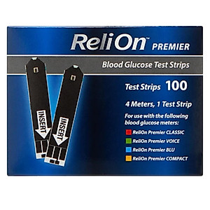 ReliOn Premier Blood Glucose Test Strips | Blood Glucose Test Strips | Test Strips for Diabetes | Blood Sugar Test Strips | Diabetic Test Strips | Reli On Premier Test Strips 100 Count + STS Sticker.