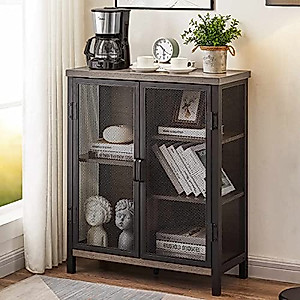BON AUGURE Industrial Coffee Bar Cabinet with Storage, Farmhouse Wood Metal Accent Cabinet with Shelves, Rustic Small Sideboard Buffet for Kitchen and Dining Room (Dark Grey Oak)