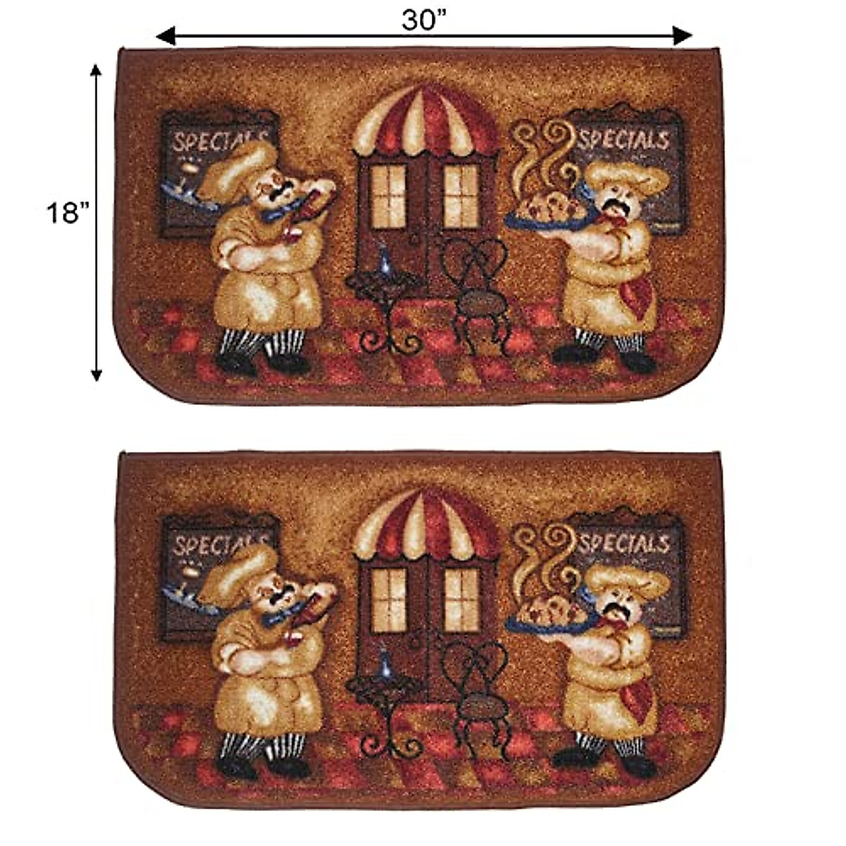 Kashi Home Kitchen Rug, Printed Area Rug, Durable Floor, Door Mat, Farmhouse Non-Slip Carpet Latex Backing Beautiful Design Chef 3pc Set (2 18x30 D Shape & 1 20x40)