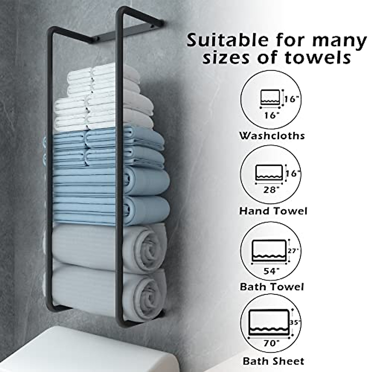 Towel Rack for Bathroom, Wall Mounted Stainless Steel Bathroom Organizer, Bath Towel Holder Wall Towel Rack for Rolled Towels, for Modern Small Space Bathroom Towel Storage - Black