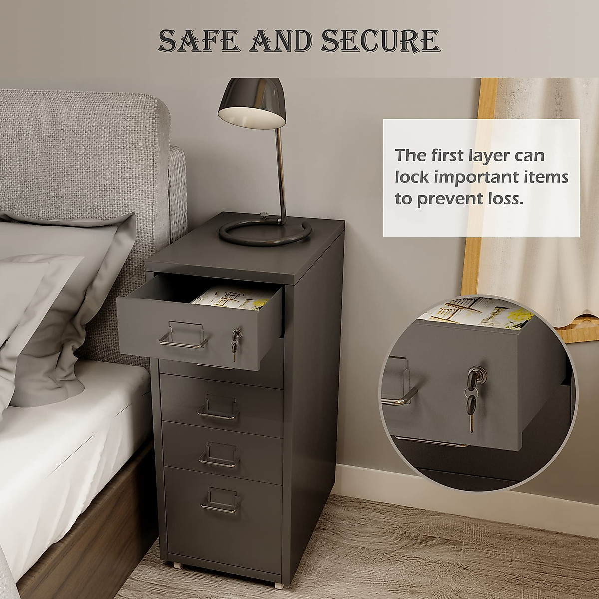 Mobile Storage Cabinet with 5 Drawers, Thickened Metal Storage Cabinet with Casters and Lock, Small Classification Storage Cabinet for Home Office and School, Black…