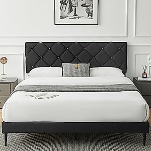 AsKmore Full Size Bed Frame,Velvet Upholstered Platform with Headboard and Strong Wooden Slats,Non-Slip and Noise-Free,No Box Spring Needed, Easy Assembly,Black