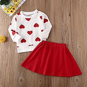 GOOCHEER Valentine's Day Toddler Girl Outfit Heart Long Sleeve Top Skirt 2pcs Kids Toddler Girl Valentine's Day Clothes Set (Red Heart, 4-5T)