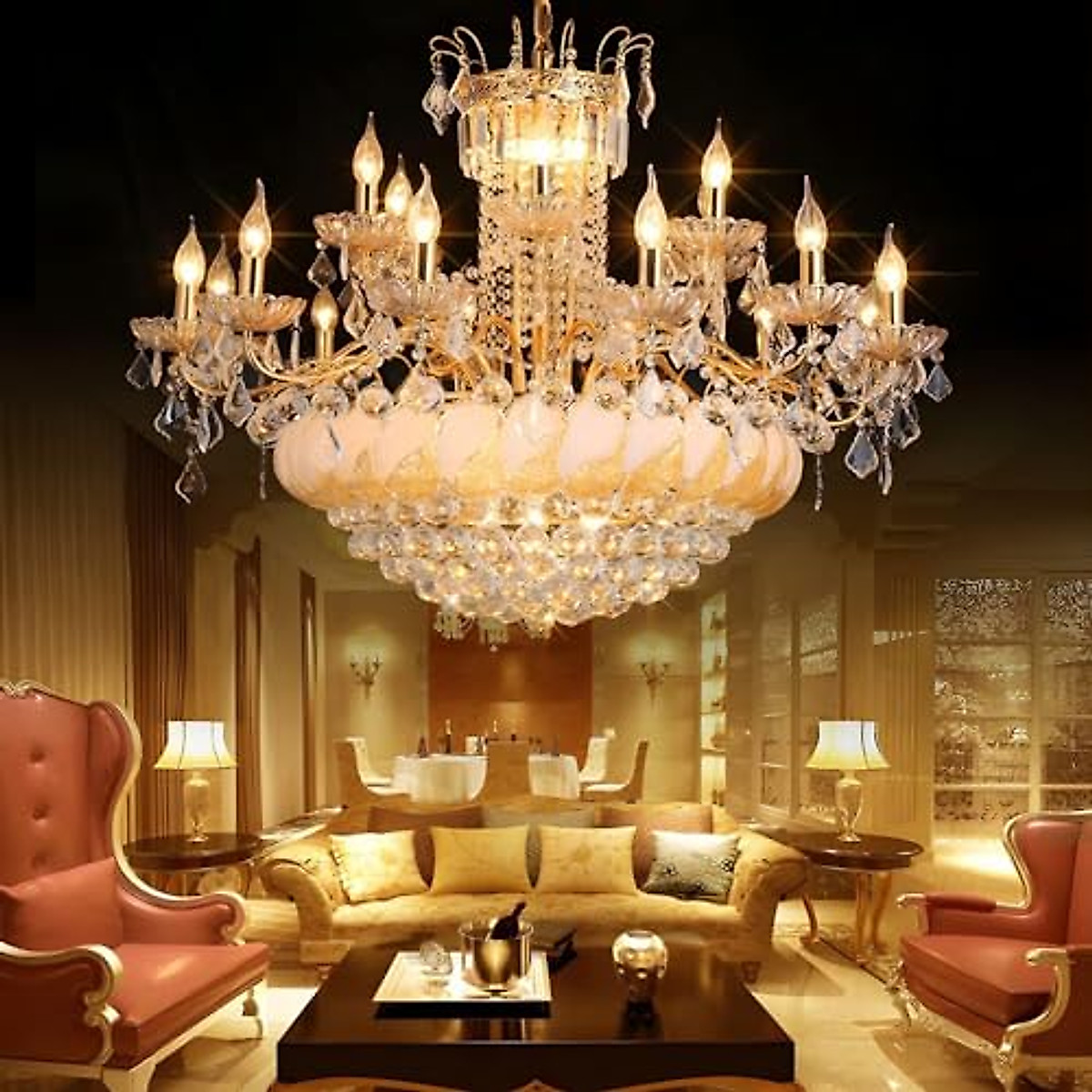 Modern Suspension Lamp for Living Room，Traditional Crystal Candle Cascade Chandeliers with Golden Finish，Rain Drop Chandelier Luxury 14/20 Light Ceiling Light Fixture (Color : 31.5in)