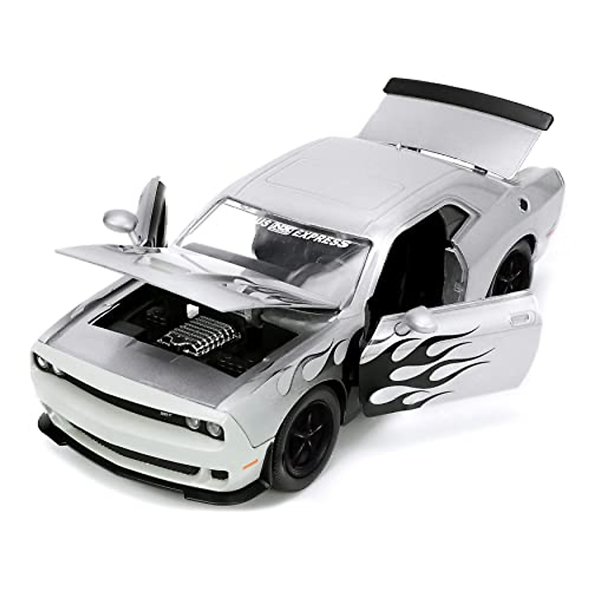 Jada Toys Big Time Muscle 1:24 2015 Dodge Challenger SRT Hellcat Die-cast Car Silver/Black Flames, Toys for Kids and Adults