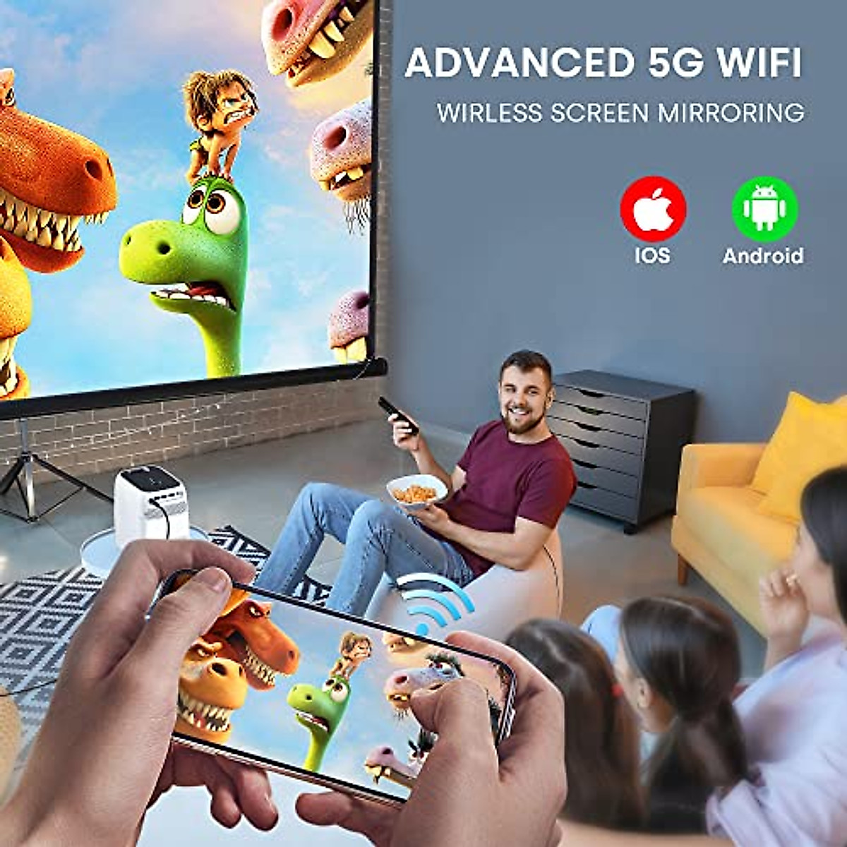 Mini Projector, 5G WiFi Mini Projector, Portable BloBlo 4K Mini Projector Native 1080P with 9500L Lumen and 5W Stereo Speaker for Home and Outdoor Party/iOS/Android/Laptop/TV Stick