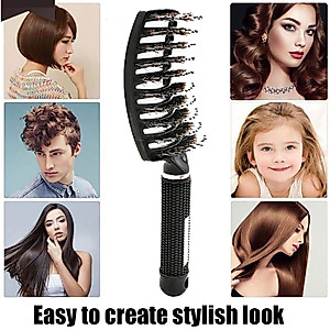 Boar Bristle Detangler Vent Brush Curved Vented Paddle Brush for Blow Drying, Anti-frizz Detangling Brush Styling Hairbrush Comb for Curly Fine Wavy Natural Tangled Hair, Wet or Dry Use