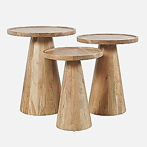 Jofran Knox Mid-Century Modern Solid Hardwood Pedestal Round Accent End Nesting Tables - Set of 3, Natural