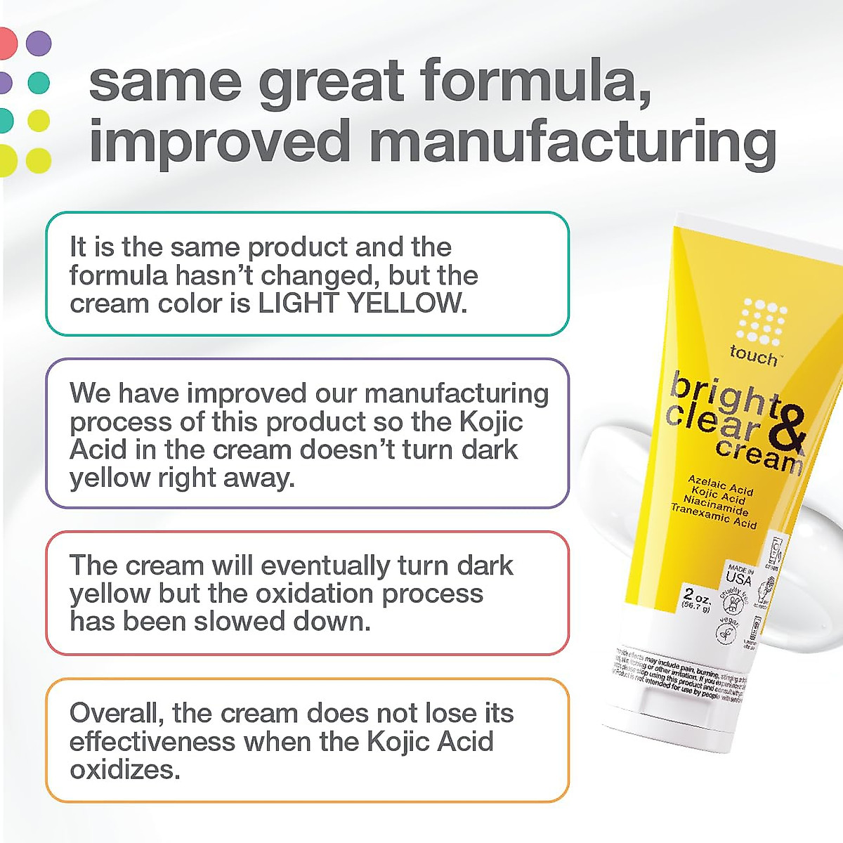 TOUCH Skin Bright Cream for Dark Spots on Face - Azelaic Acid with Kojic Acid, Tranexamic Acid, & Niacinamide – Age Spot, Sun Spot, and Melasma