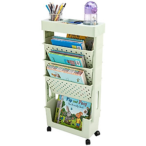 CINPIUK Rolling Office Paper Organizer, Mobile Book Cart Document Folder File Storage with Pen Holder, Slim Rolling Storage Cart Movable Bookshelf for Office, Dorm, Classroom, Nursery, Green