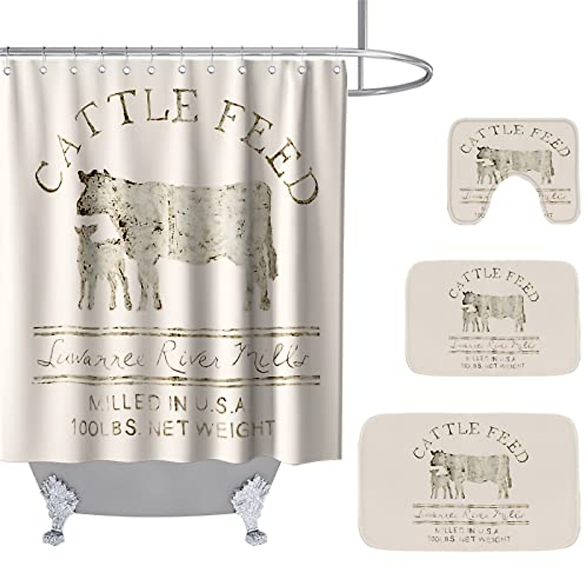Final Friday Farmhouse Cattle Feed Cow Rustic Bathroom Sets with Shower Curtain 72Wx72H and Rugs and Accessories Decor with Bath Mat, U-Shaped Contour Velvet Washable 20 x 31 inches Ivory White