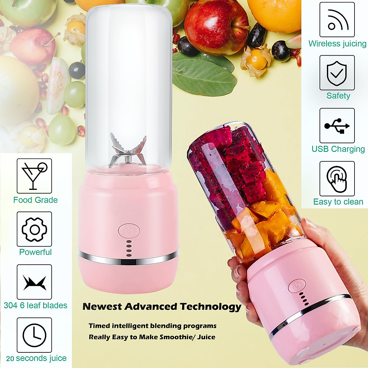 Smoothie Blender, Portable Blender, Christmas Gifts, Personal Blender Shakes, Small Blender Protein Drink Shaker With 2 Travel Cup And Lid Bpa Free, Usb Rechargeable, 15 Oz