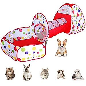Fhiny Small Animal Playpen, Breathable Pop Open Portable Tent Rabbit Connect Tunnel Foldable Pet Exercise Enclosure Hiding Training Toys for Puppy Kitten Chinchilla Hamster Gerbils Guinea Pig (Red)