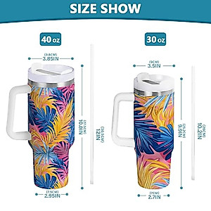 Slewiaeky Tumbler with Handle 40 oz Palm Leaf Plant Cute Travel Mug with Lid and Straw Blue Stainless Steel Vacuum Insulated Water Bottle Cup for Iced Tea Coffee Cold Beverages Cup Holder Friendly