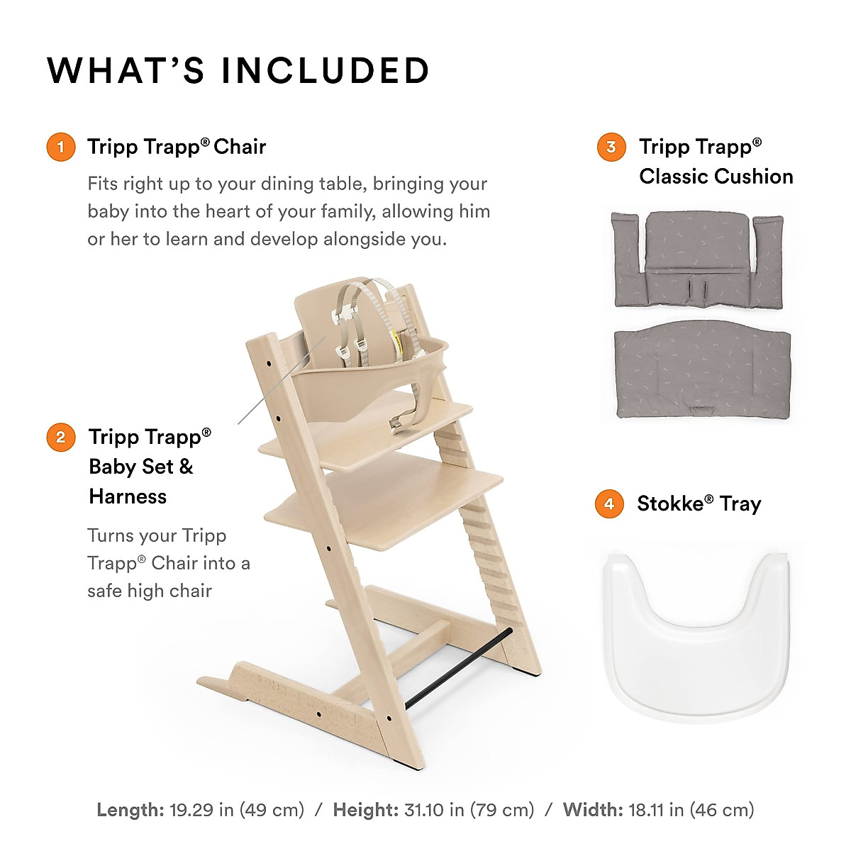 Tripp Trapp High Chair and Cushion with Stokke Tray - White with Nordic Grey - Adjustable, Convertible, All-in-One High Chair for Babies & Toddlers