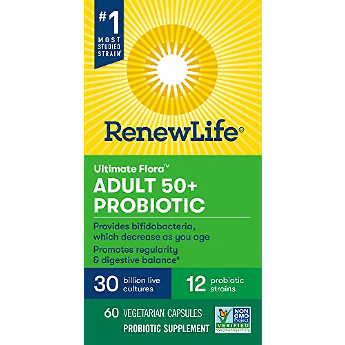 Renew Life Adult Probiotics 50+, 30 Billion CFU Guaranteed, Probiotic Supplement for Digestive & Immune Health, Shelf Stable, Gluten Free, Extra Care, For Men & Women, 60 Capsules