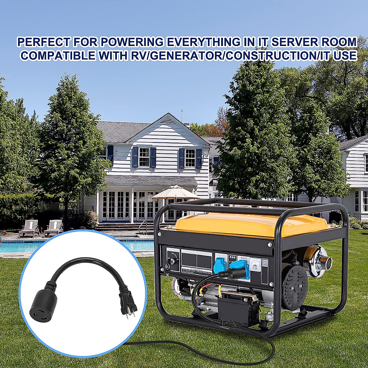 Generator Power Cord Adapter, Locking Adapter Household 3 Prong 15 Amp 125V NEMA 5-15P Male Plug to 20 Amp 125V NEMA L5-20R Locking Female Connector, Black