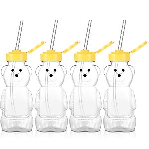 4 Pieces Juice Bear Bottles Honey Bear Drinking Bottles Plastic Reusable Drinking Cups with 4 Pieces Soft Silicone Straws for Daily Drinking Supplies (Yellow)