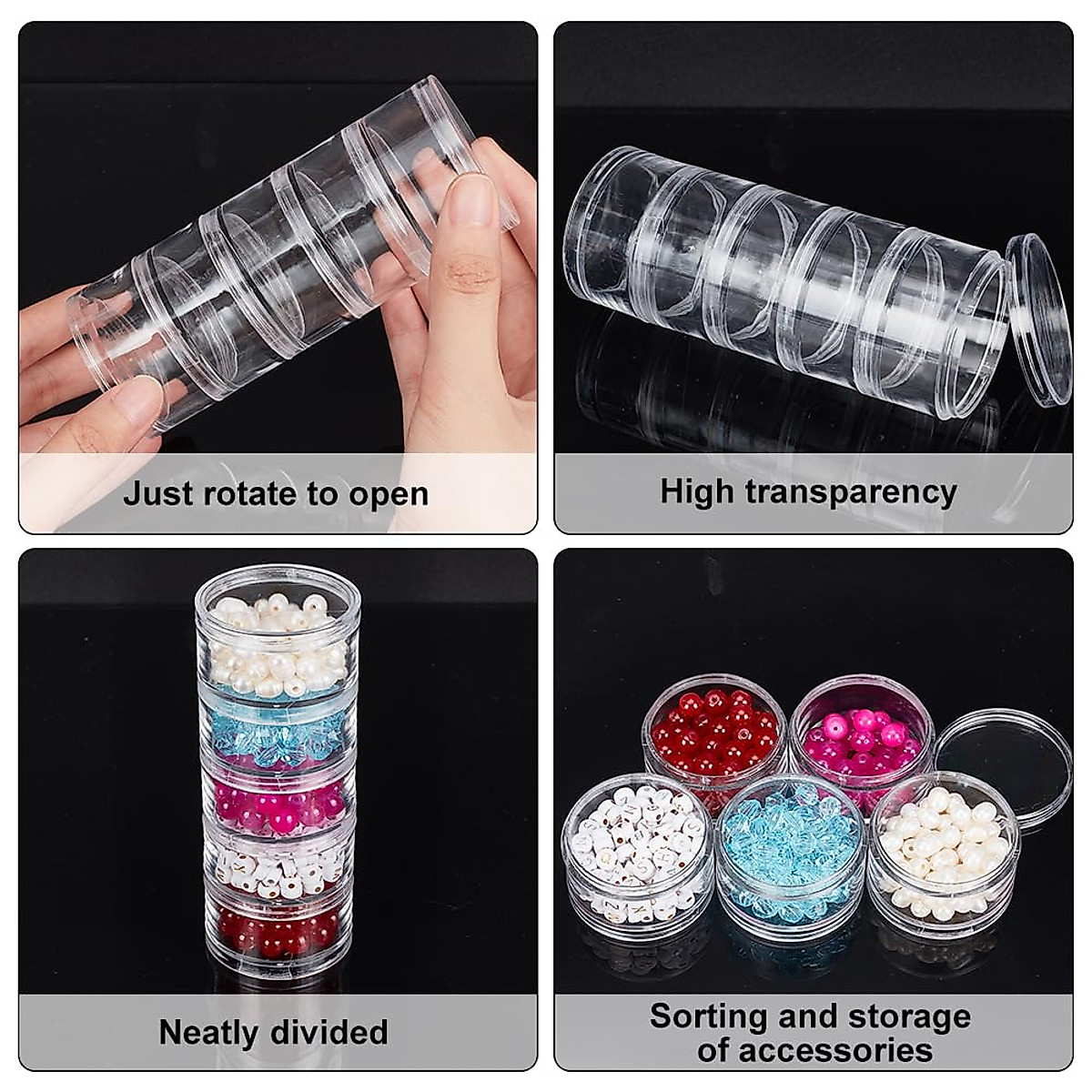 BENECREAT 15G/15ML Stackable Round Plastic Containers 5 Column(5 Layer/Column) Bead Storage Jars for Seed Beads, Nail Art Glitters, Diamond Drills