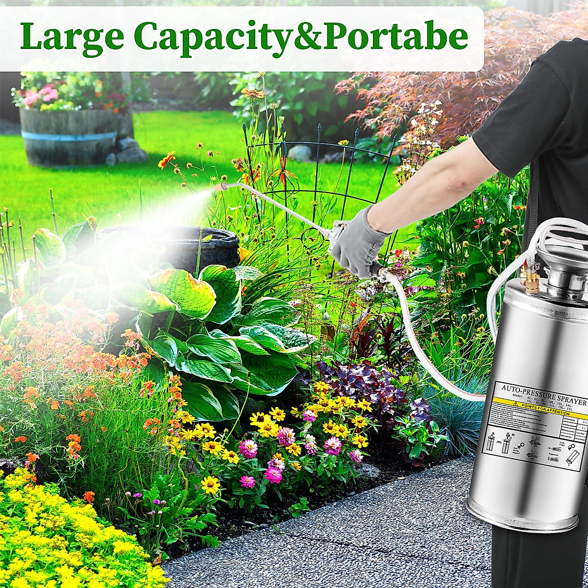 Kweetle 1.5Gal Stainless Steel Pump Up Sprayer Reinforced Hose, Hand Pump Sprayer with Pressure Gauge&Safety Valve, Adjustable Nozzle Suitable for Gardening (1.5 Gallon)