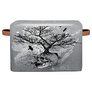 OMFUNS Skull Halloween Storage Basket, Watercolor Tree Crow Foldable Storage Bin with Handle Fabric Rectangular Storage Box Organizer for Closet Shelf Home Office Nursery Toy Basket, 1 Pack