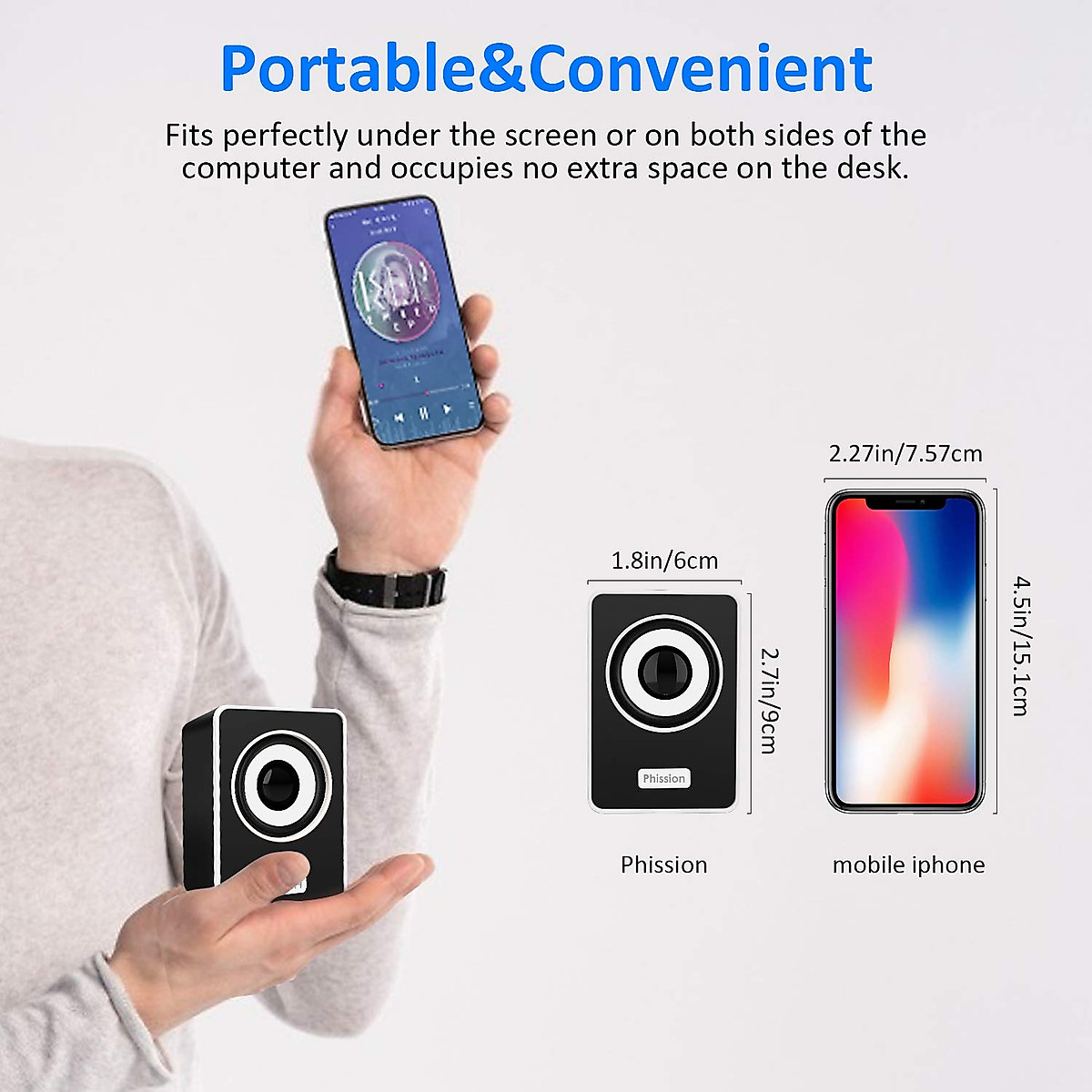 Computer Speakers, Phission Mini Speaker with Stereo Sound 6W USB Powered 3.5 mm AUX-in Portable Speaker for Computer, Laptop, Notebook, Desktop (Black)