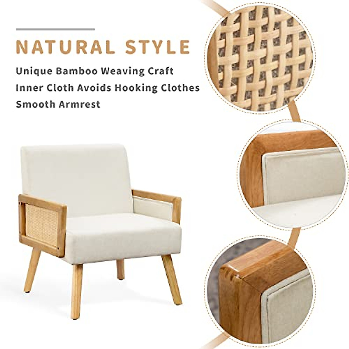 MELLCOM Beige Rattan Chair, Mid Century Modern Accent Chair, Upholstered Chairs with Bamboo Knitting and Solid Wood Legs, Comfy Linen Fabric Armchair for Club, Living Room, Bedroom,Beige-26.4''w