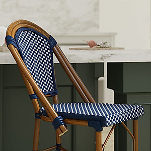 EMMA + OLIVER Soie Bistro Counter Stool - Stacking Indoor/Outdoor PE Rattan Counter Stool with Bamboo Finish Frame - 26" High - Set of Two - Navy/White