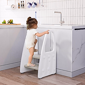 Toddler Step Stool for Bathroom Sink, Kids Two Step Stool for Toilet Potty Training and Kitchen Counter, Children Step Up Learning Helper Tower with Safety Handles and Non-Slip Pads,Gray