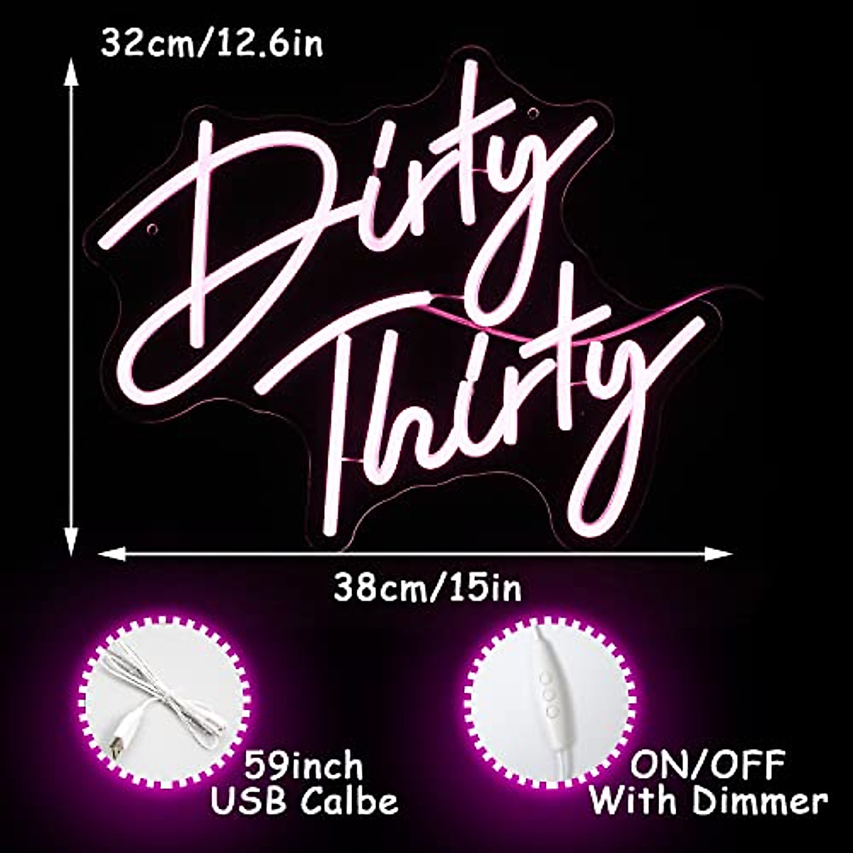 Alkkign Dirty Thirty Neon Sign 30th Birthday Party Neon Signs Dimmable Pink Letter LED Neon Lights USB Powered with Switch for Bedroom Wall Decor Bar Club Hotel Restaurant Party Wall Hanging Decoration