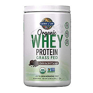Garden of Life Whey Protein Powder Chocolate Cacao Flavor - 21g Certified Organic Grass Fed Protein for Women & Men + Probiotics - 12 Servings - Gluten Free, Kosher, Humane, RBST & rBGH Hormone Free
