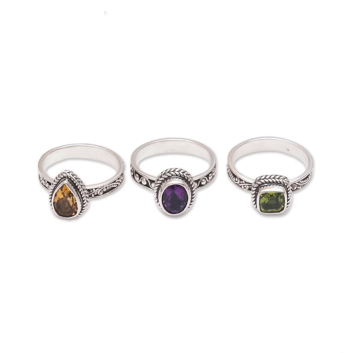 NOVICA Artisan Handmade .925 Sterling Silver Multigemstone Stacking Rings Amethyst Citrine Peridot Cocktail Indonesia Birthstone 'Perfect Prism' (set of 3)