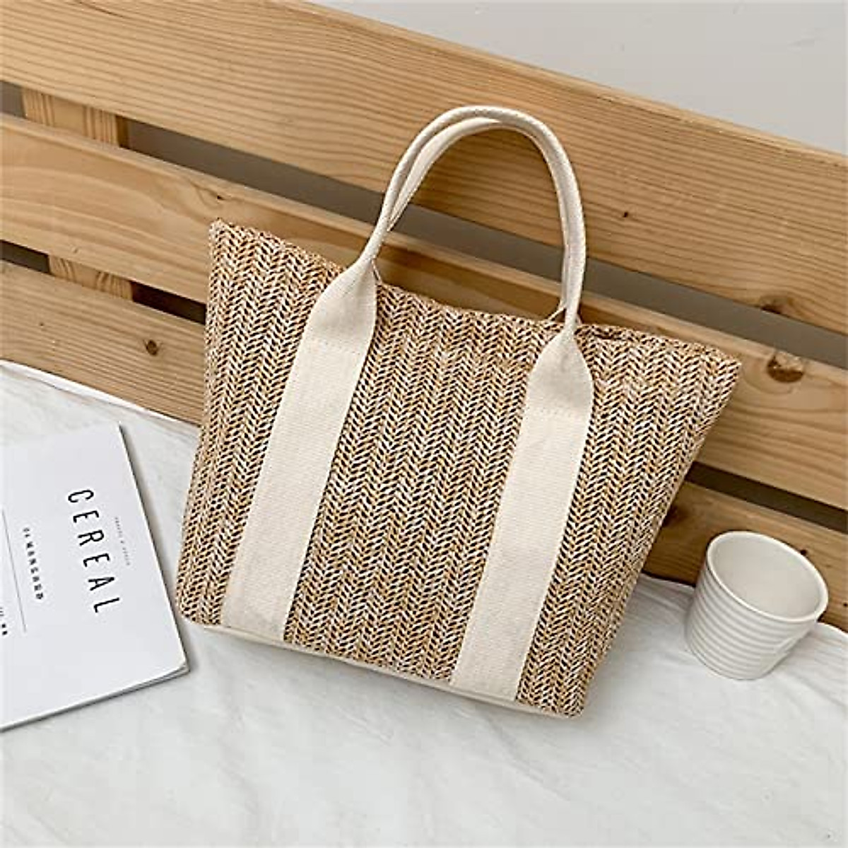 Mini Straw Tote Bag Natural Straw Woven Beach Bag Casual Shoulder Bags Handbag for Women Fashion Street Bags (Beige, One Size)