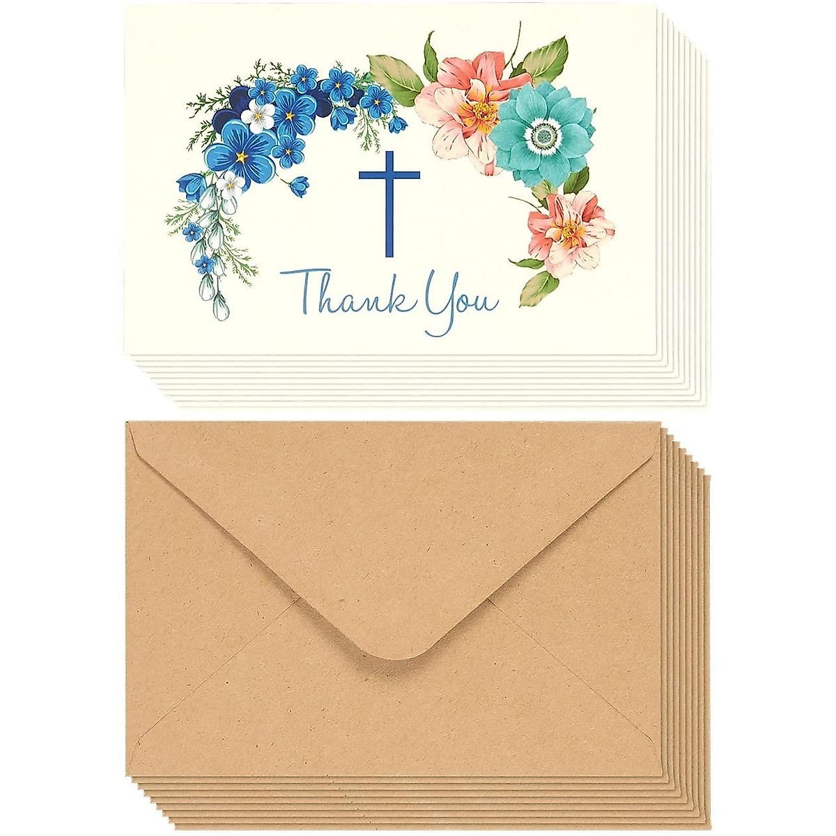 Best Paper Greetings 48 Pack Christian Thank You Cards With Envelopes, Bulk Baptism, Religious Greeting Notes for Christening, Wedding, Communion, Floral Cross Design (4 x 6 In)