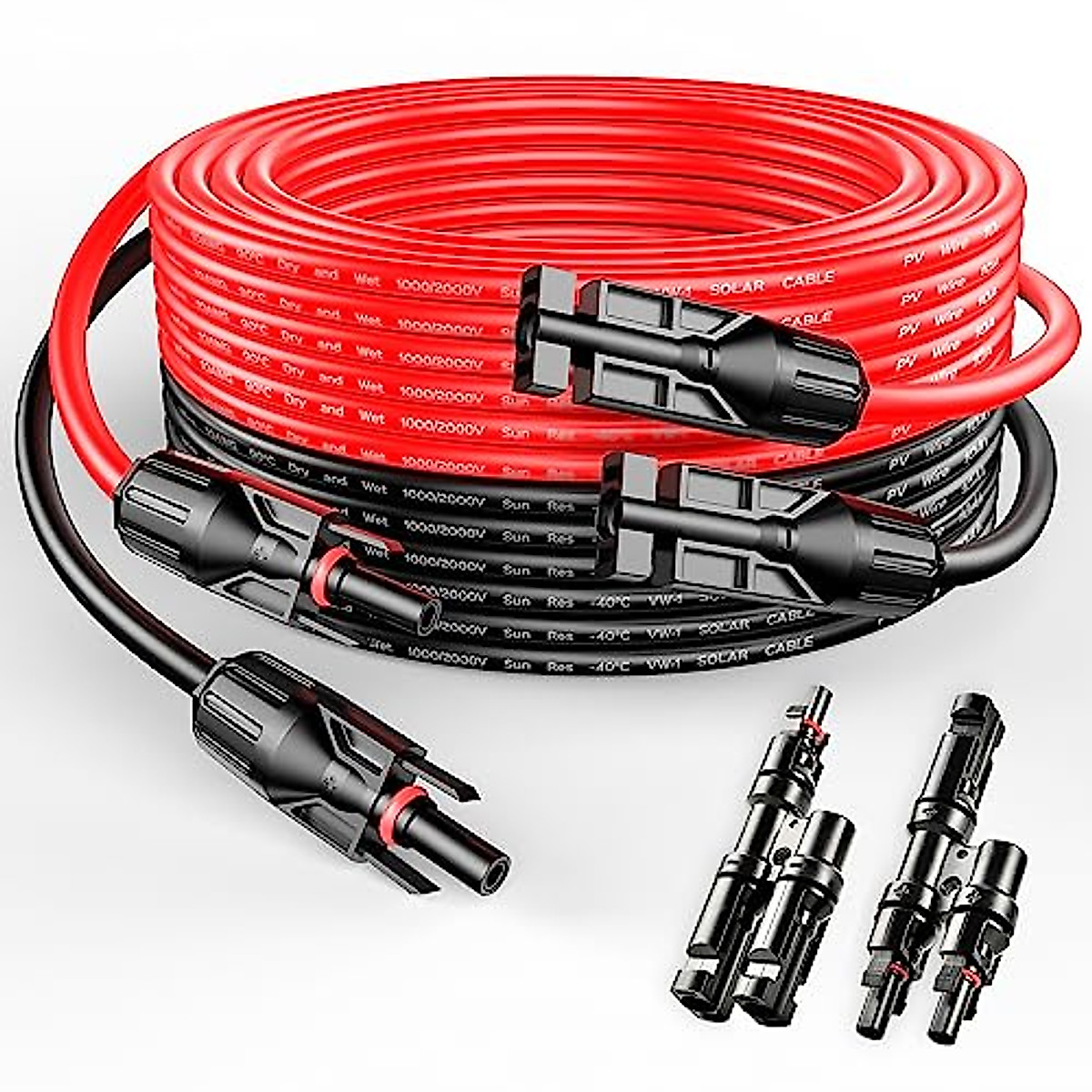 10 Gauge 10AWG One Pair 30 Feet Red + 30 Feet Black Solar Panel Extension Cable Wire with Female and Male Connectors+T Branch Connectors (30FT 10AWG+T2)