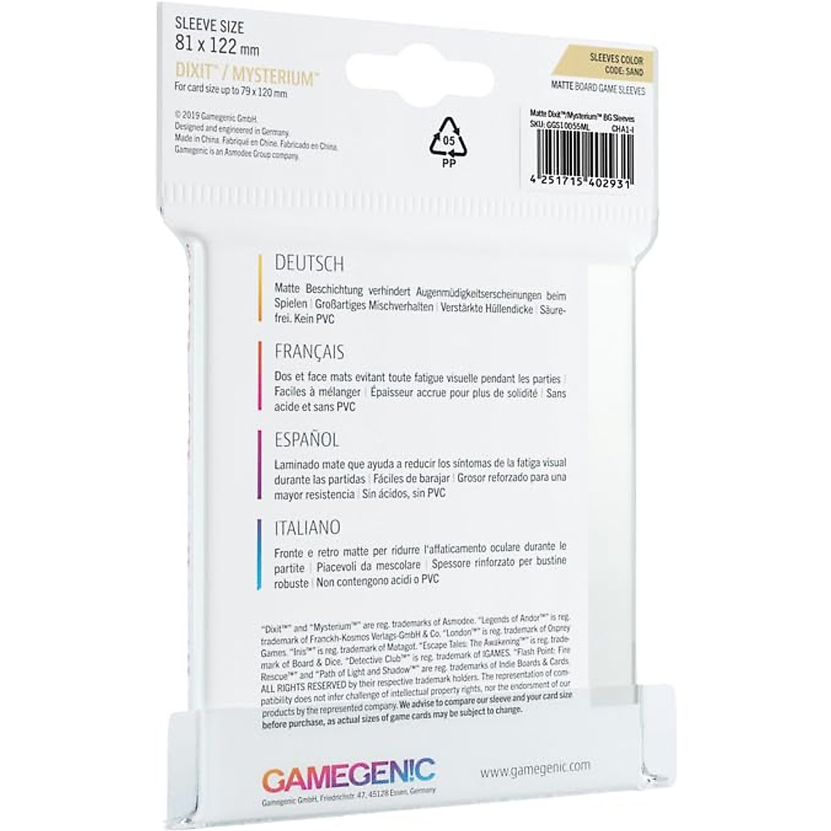 Matte Board Game Sleeves | Pack of 90 Matte Sleeves | 81 by 122 mm Card Sleeves Optimized for Use with Dixit and Mysterium | Premium Card Protection | FFG Sand Color Code | Made by Gamegenic