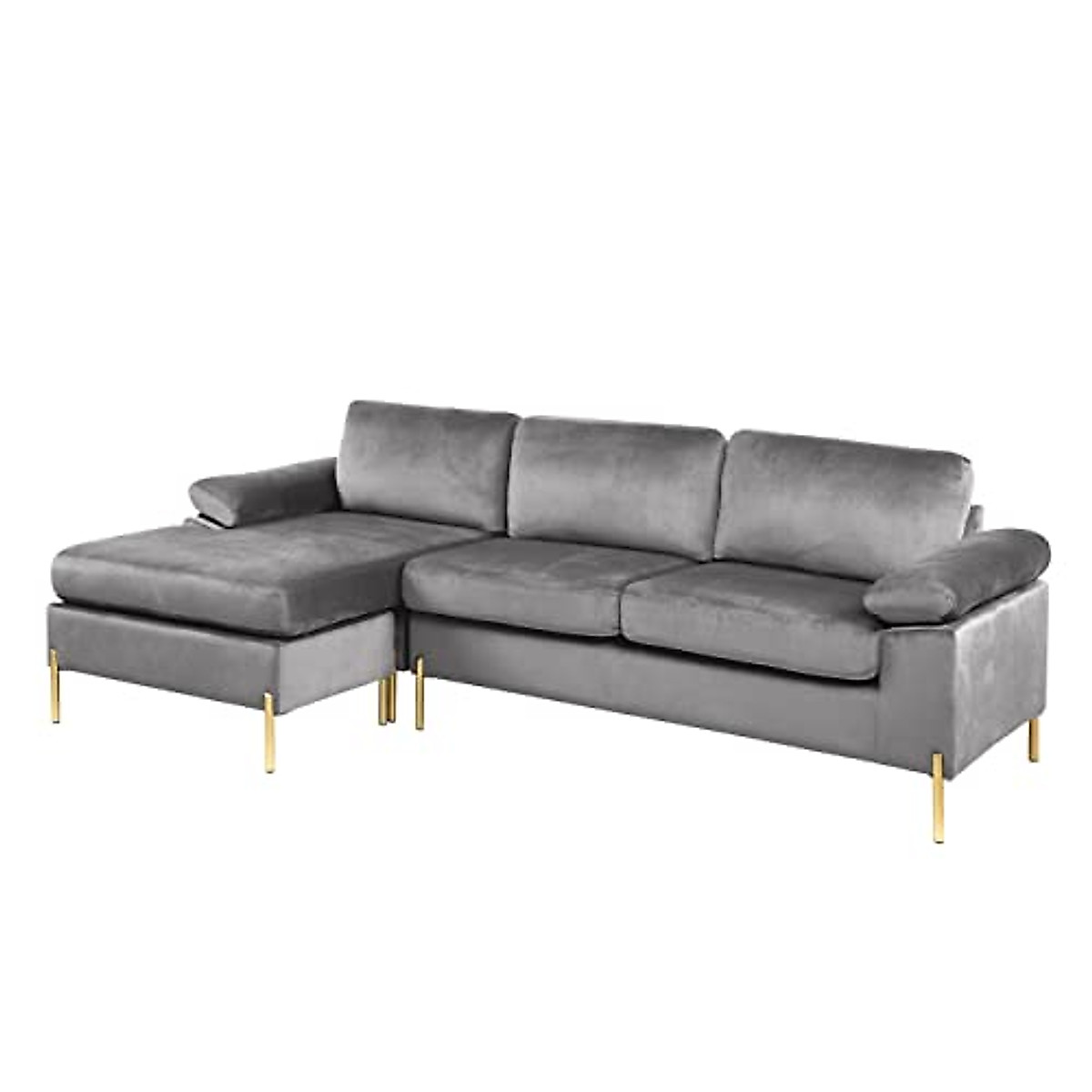 Prohon L-Shaped Sectional Sofa with Velvet Chaise & Gold Metal Legs, Mid-Century Style Modular Couch w/Removable Pillow Arms and Back for Living Room, Bedroom, Office, Gray