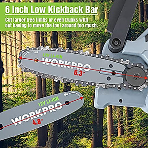 WORKPRO Mini Chainsaw, 6.3“ Cordless Electric Compact Chain Saw with 2 Batteries, One-Hand Operated Portable Wood Saw with Replacement Guide Bar and Chain for Garden Tree Branch Pruning, Wood Cutting