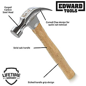 Edward Tools Oak Claw Hammer 16 oz - Heavy Duty All Purpose Hammer - Forged Carbon Steel Head - Etched Solid Oak Handle for more durability and grip (1)