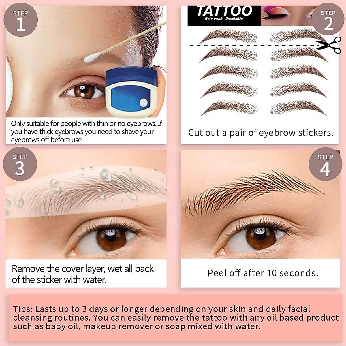 Eyebrow Tattoo 80 Pairs, 8 Sheets Eyebrow Tattoo Sticker Waterproof 4D Hair-Like Temporary Eyebrows Peel Off Brows Grooming Transfers Stickers Makeup for Women, Men, Girls - Gray/Black Eyebrows