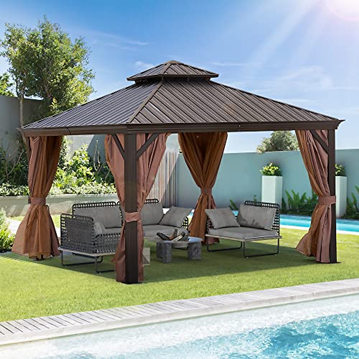 DHPM 12 x 12 FT Outdoor Patic Canopy Gazebo, Roof Iron Gazebo with Steel Canopy, Outdoor Waterproof Patio Gazebo with Curtains and Netting for Gardens, Patio, Party Canopy