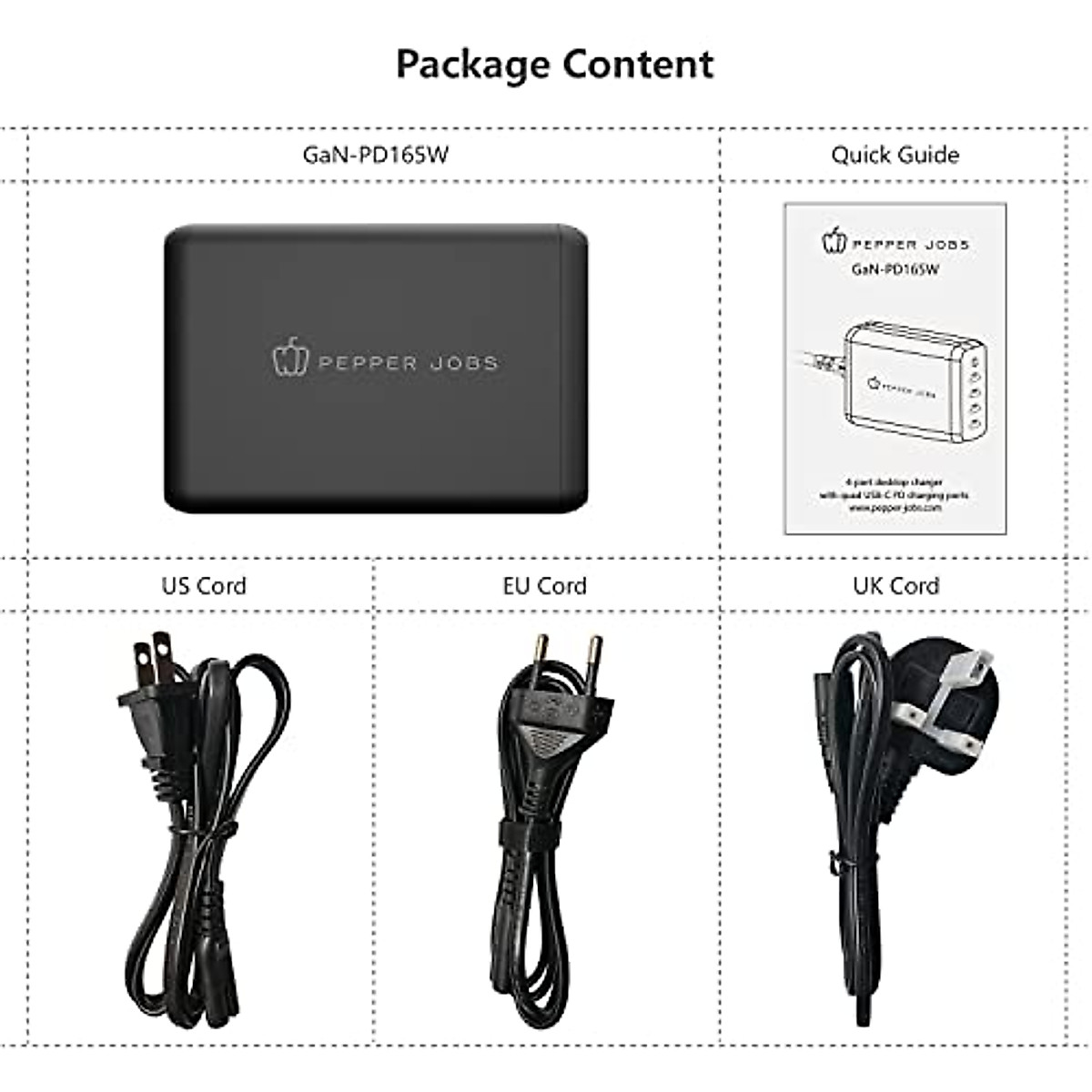 PEPPER JOBS 165W USB-C 4-Port PD GaN Charger USB-C PD Desktop Charger for MacBook Air Charger for MacBook Pro 13/14/15/16 Inch for iPad Pro for iPhone 13 Pro Max/13 Pro/13/13 Mini and All USB C Device