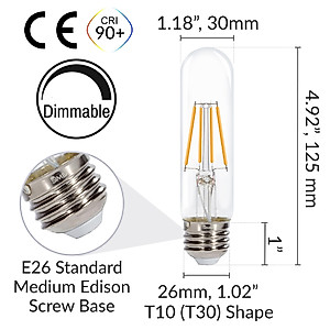 Simba Lighting LED T10 Tubular Edison Filament Light Bulbs (6 Pack) 4W Dimmable 40W Equivalent 120V for Cabinet Display, Piano Lamps, Clear Glass Decorative, Standard Medium E26 Base, Warm White 2700K