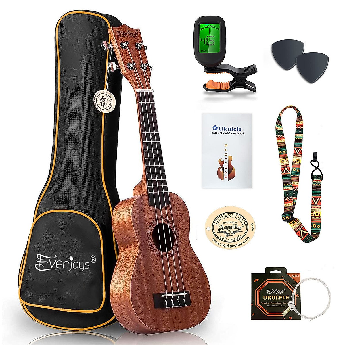 Everjoys Mahogany Soprano Ukulele Starter Kit - Professional 21 inch w/Case Strap Tuner Aquila Strings Pick (Natural Mahogany)
