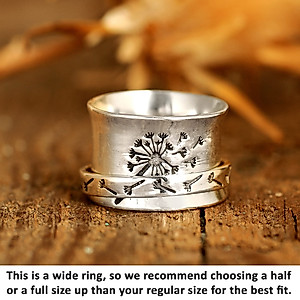 Boho-Magic 925 Sterling Silver Spinner Ring for Women Dandelion Flower Fidget Anxiety Relief Wide Band