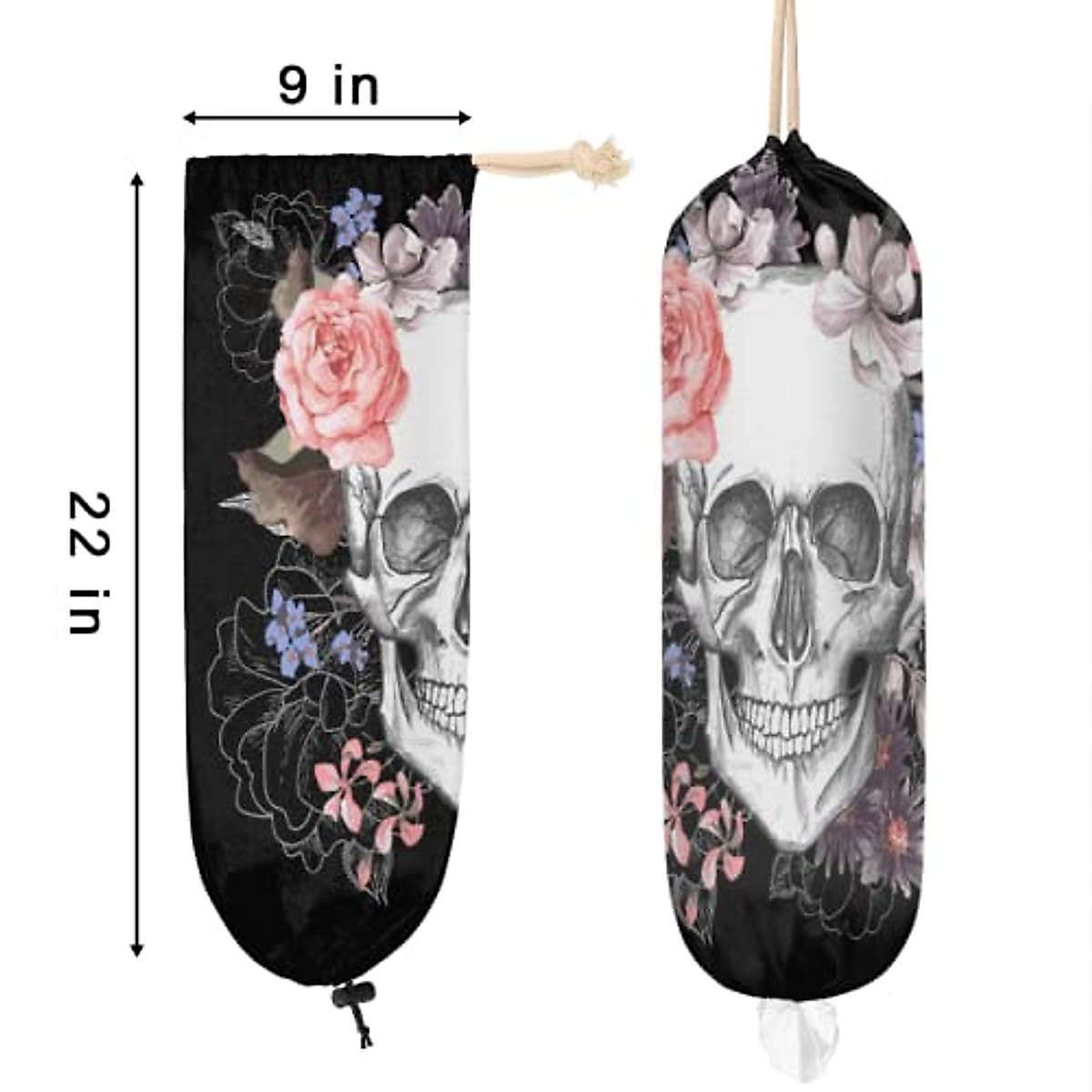 Skull Flower Plastic Bag Holder, Day of The Dead Grocery Bag Storage Holder Hanging Garbage Shopping Bag Trash Bags Organizer for Kitchen Home