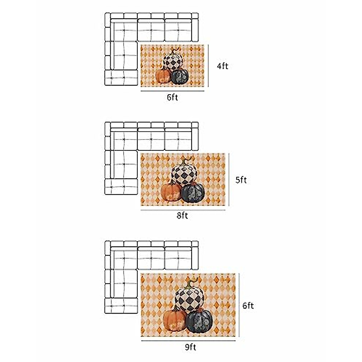 Thanksgiving Fall Outdoor Rug for Patio/Deck/Porch, Non-Slip Large Area Rug 6x9 Ft, Orange Black Pumpkin Fall Orange Plaid Indoor Outdoor Rugs Washable Area Rugs, Reversible Camping Rug Carpet Runner