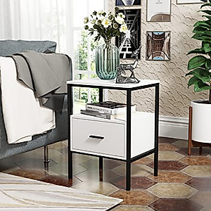 RAAMZO 2-Tier Nightstand End Table Side Table for Bedroom Bedside with 1-Drawer and Open Shelf, White and Black, 26" H